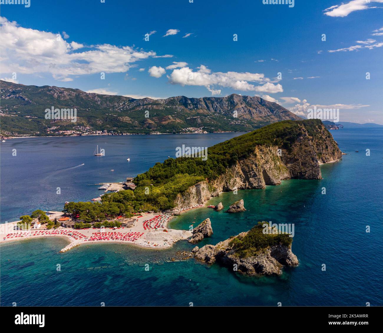 A high-angle drone shot of Saint Nicholas island with the seascape and ...