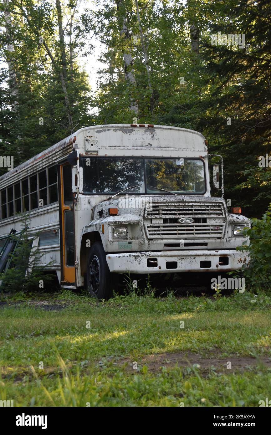 A beautiful view of an old ford bus in a field with trees Stock Photo ...