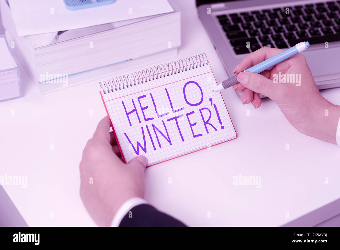 Handwriting text Hello, Winter. Internet Concept greeting used when the ...