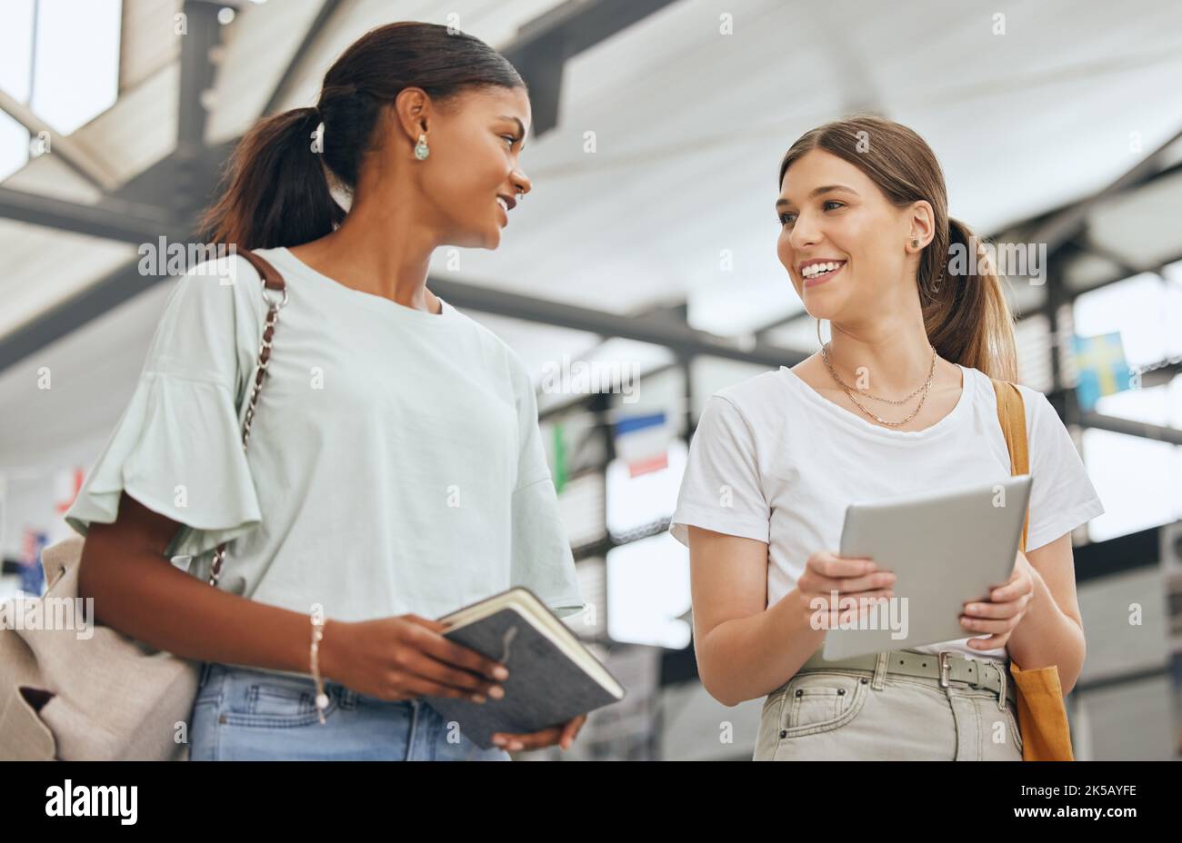 University, communication and students talking about education with ...