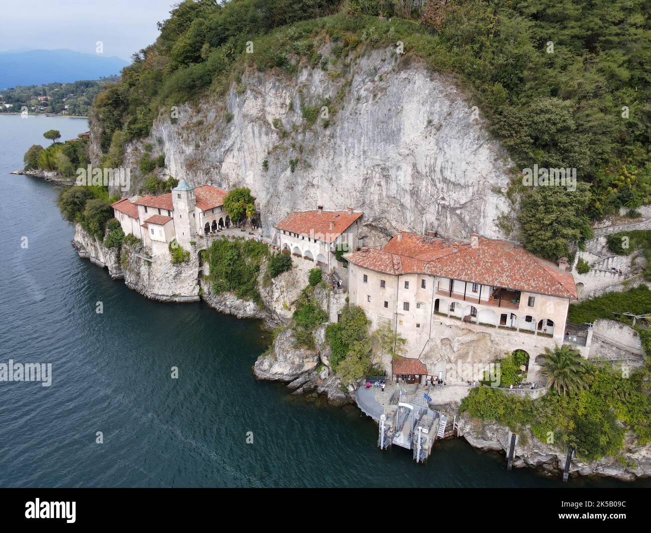 Drone view at the monastery of Santa Caterina del Sasso on lake ...