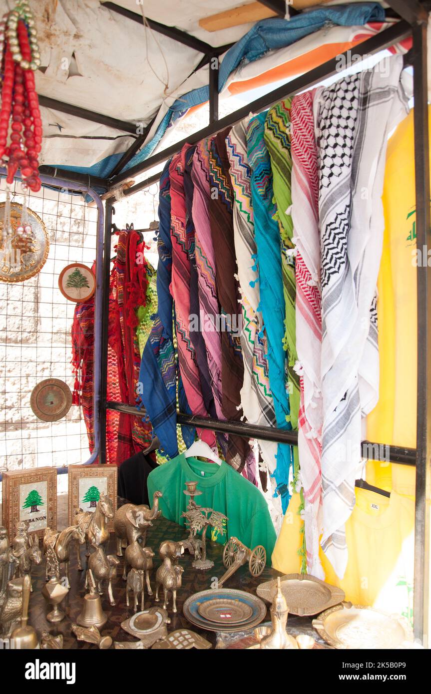 Souvenir stall with scarfs and other souvenirs, Baalbek, Lebanon ...