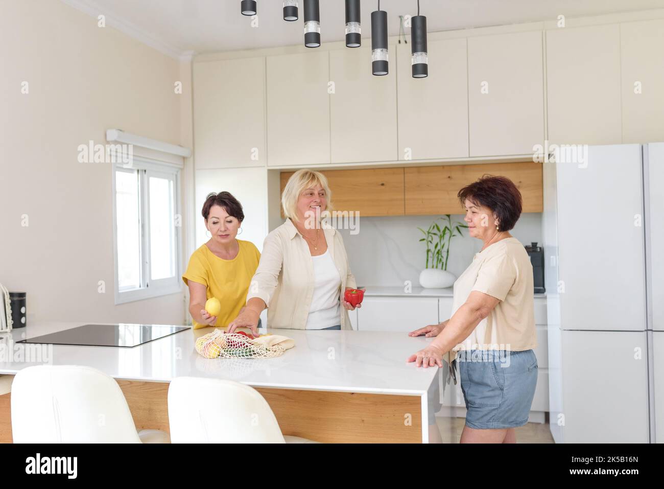 Happy senior women in kitchen cooking together. Mature women in kitchen ...