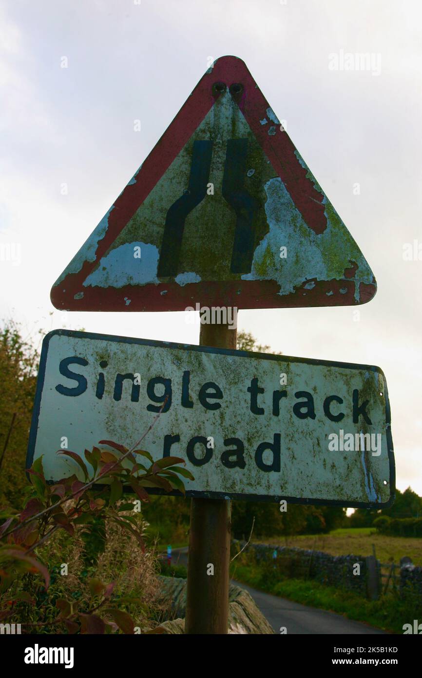 An old road sign identifying a single track road, Downham, Clitheroe ...