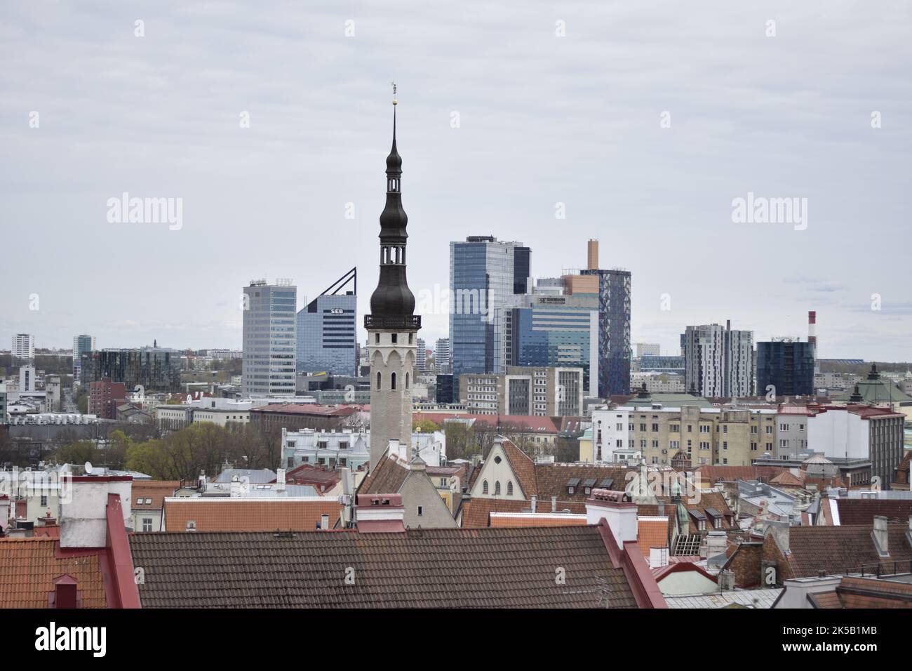 The Tallinn skyline with Town Hall Tower and the modern buildings of ...
