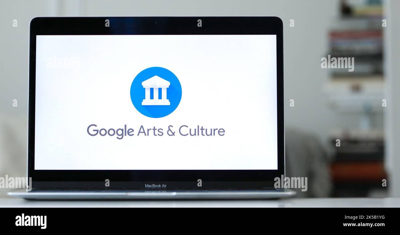 The logo of Google Arts and Culture displayed on the screen of a laptop ...
