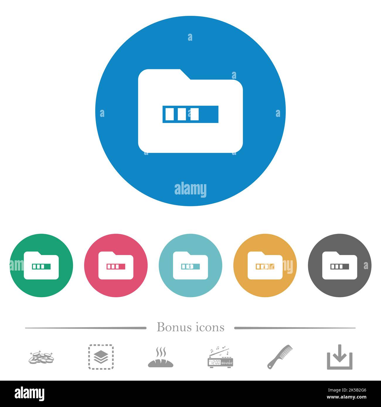 Processing folder flat white icons on round color backgrounds. 6 bonus ...