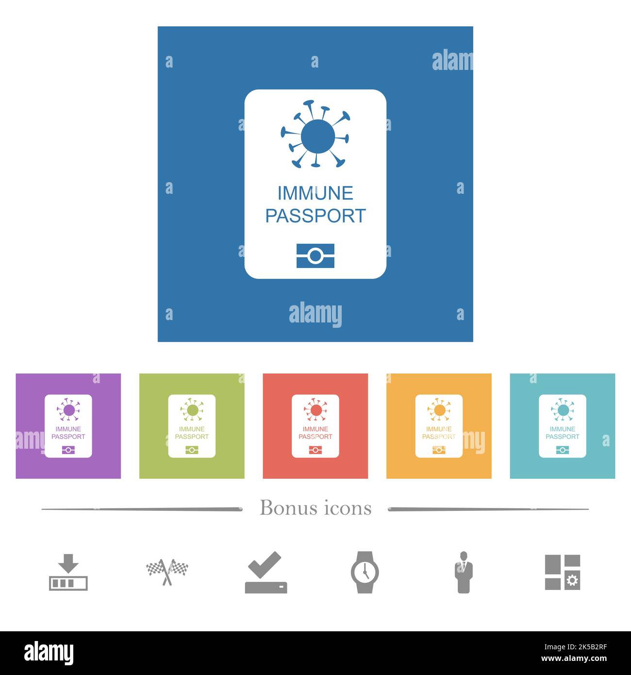 Immune passport flat white icons in square backgrounds. 6 bonus icons ...