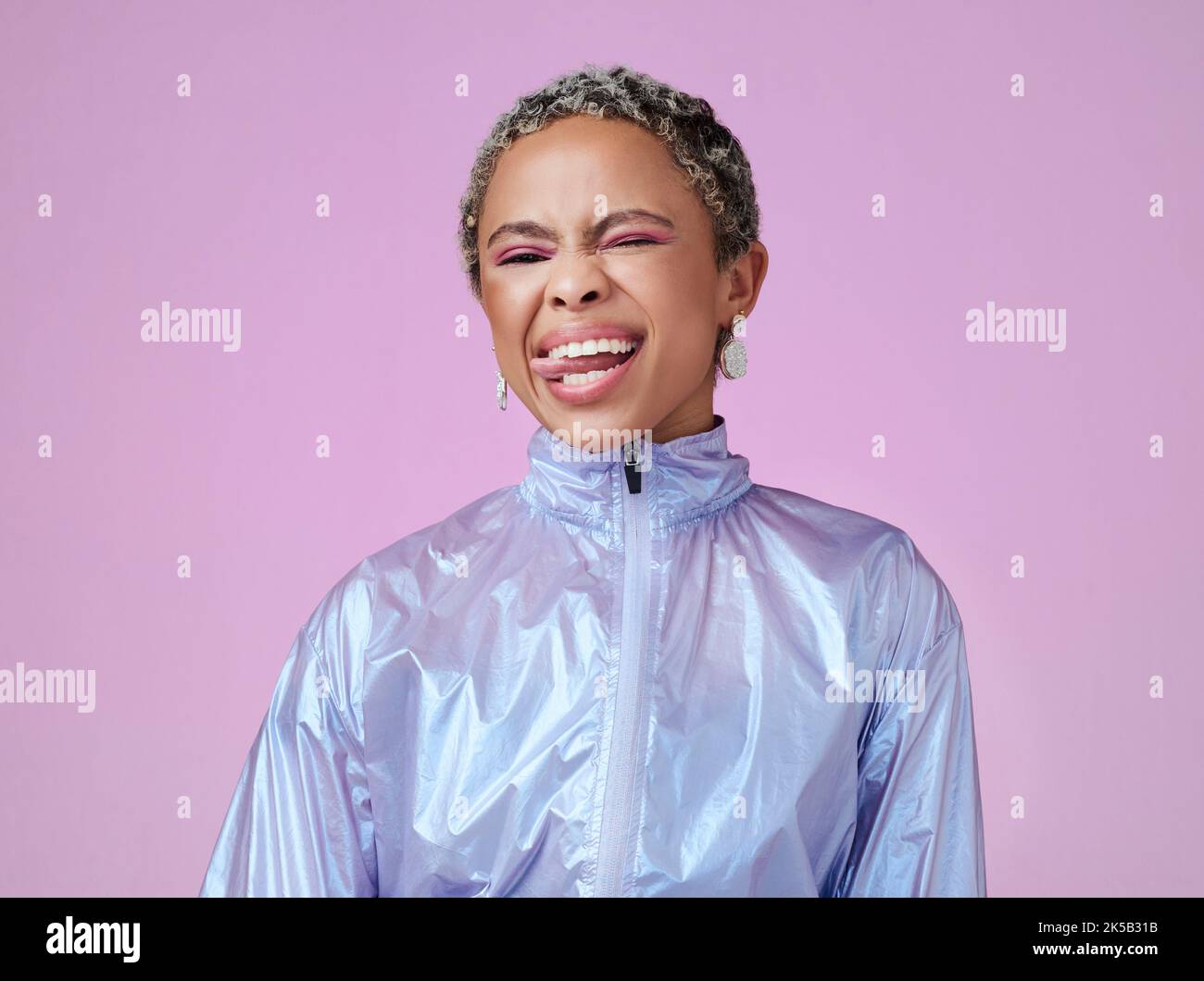 Retro fashion, black woman and tongue out portrait, funny face or ...