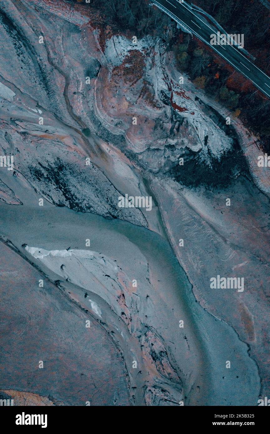 An aerial view of droughty water area in Wiestalstausee reservoir in ...