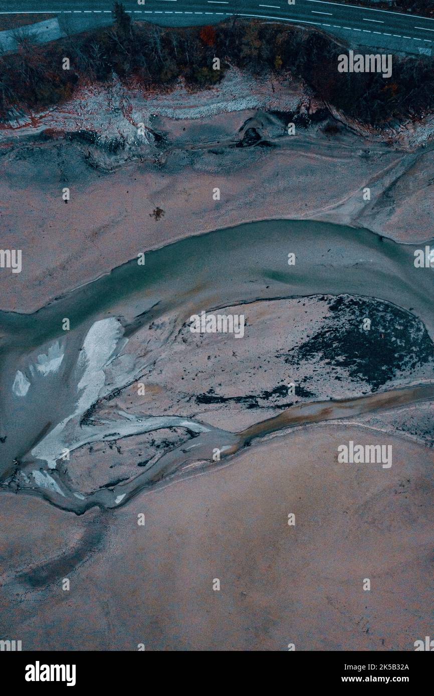 An aerial view of droughty water area in Wiestalstausee reservoir in ...