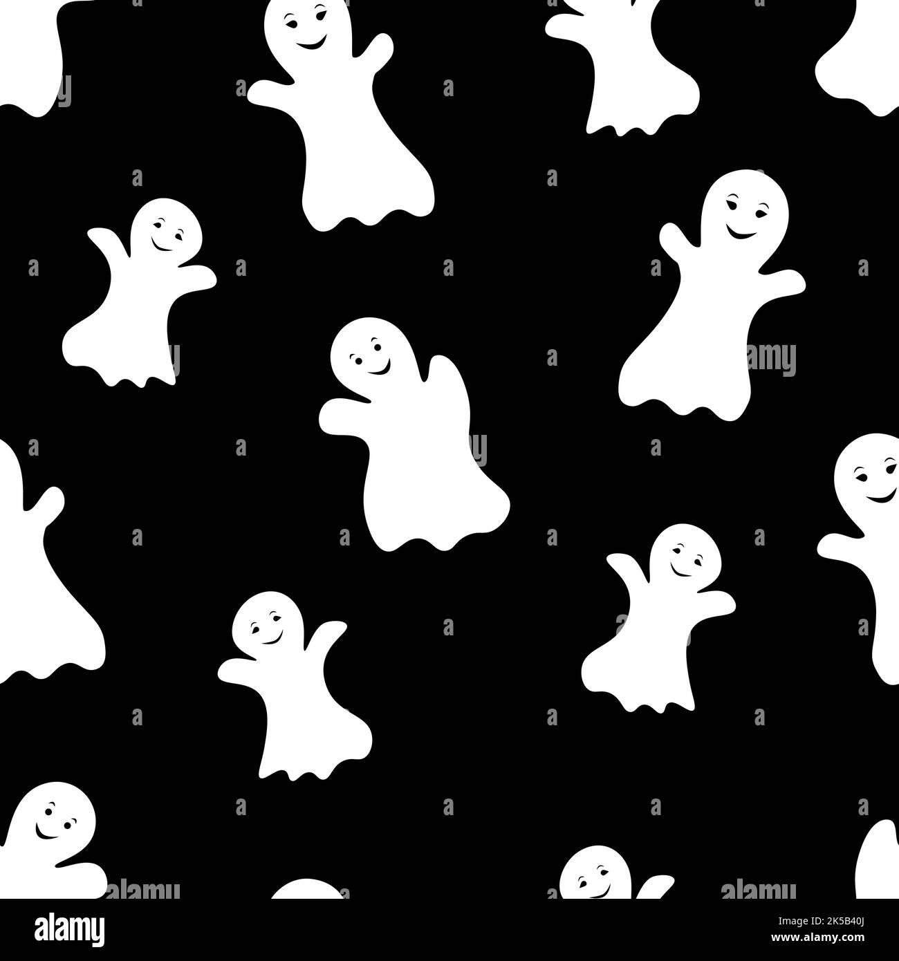 Cute kids seamless ghosts vector pattern. White smiling ghosts on black background. Children ...