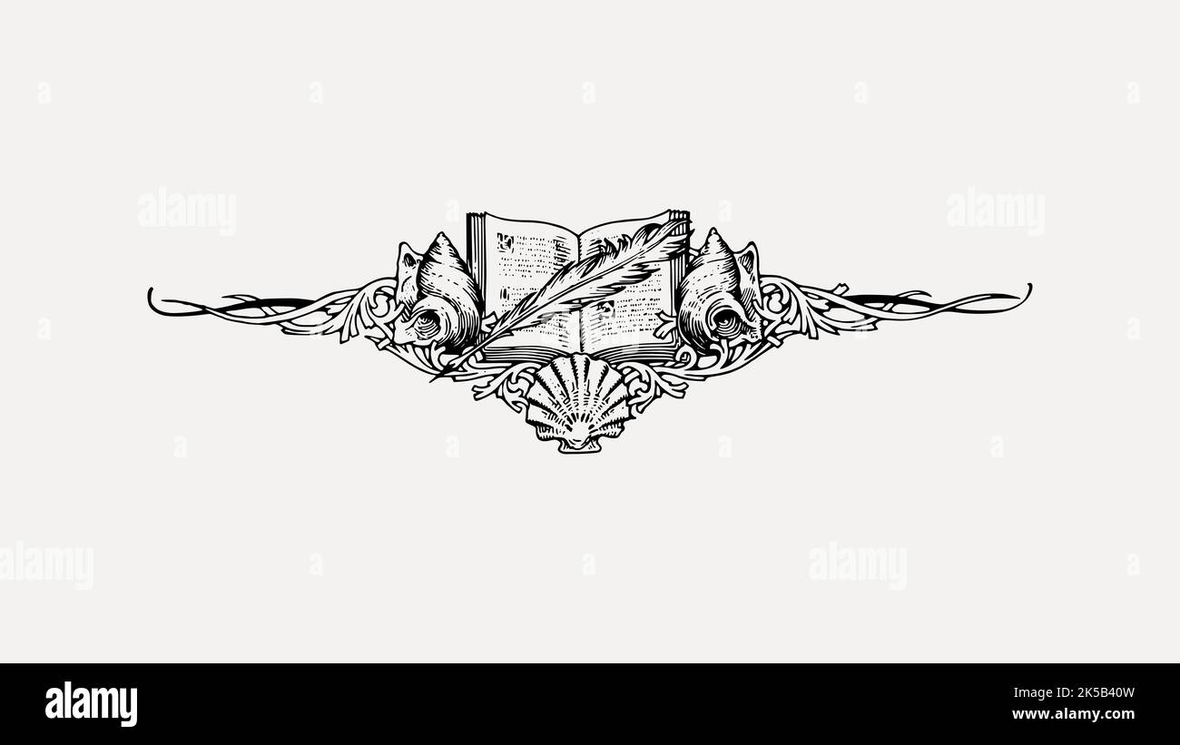Book & shell divider collage element, drawing illustration vector Stock ...