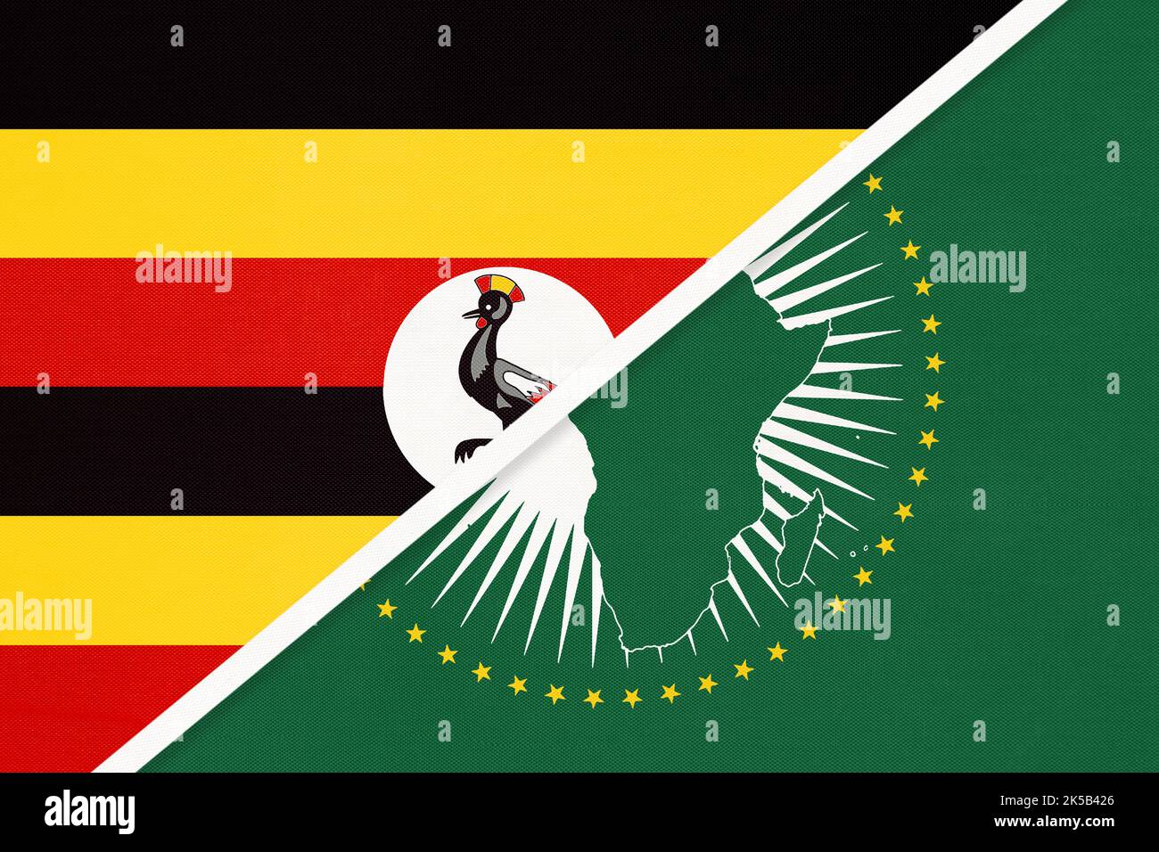 African Union and Uganda national flag from textile. Africa continent ...