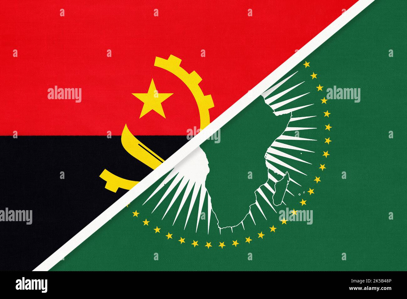 African Union and Angola national flag from textile. Africa continent ...