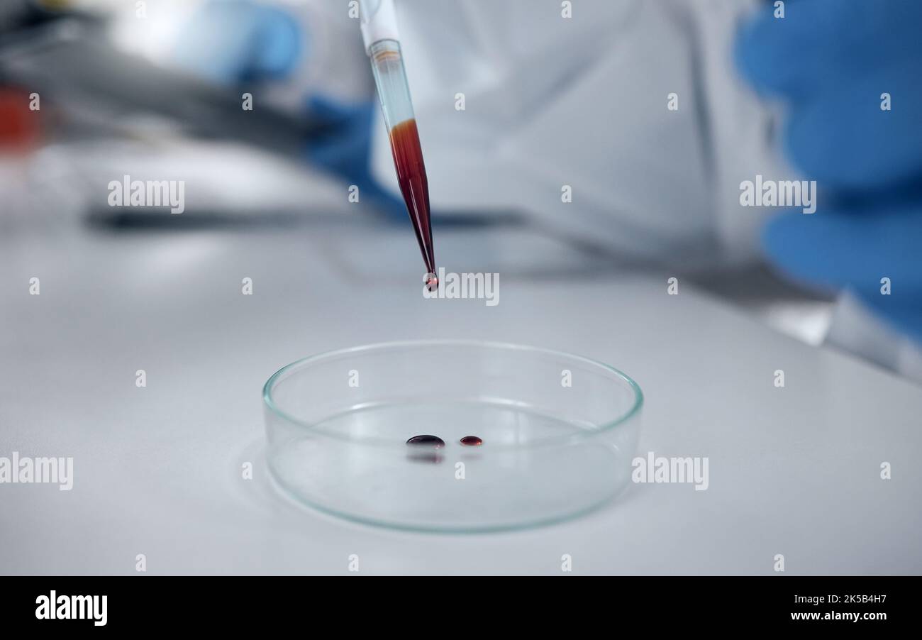 Blood test, lab research and scientist working on medical development ...