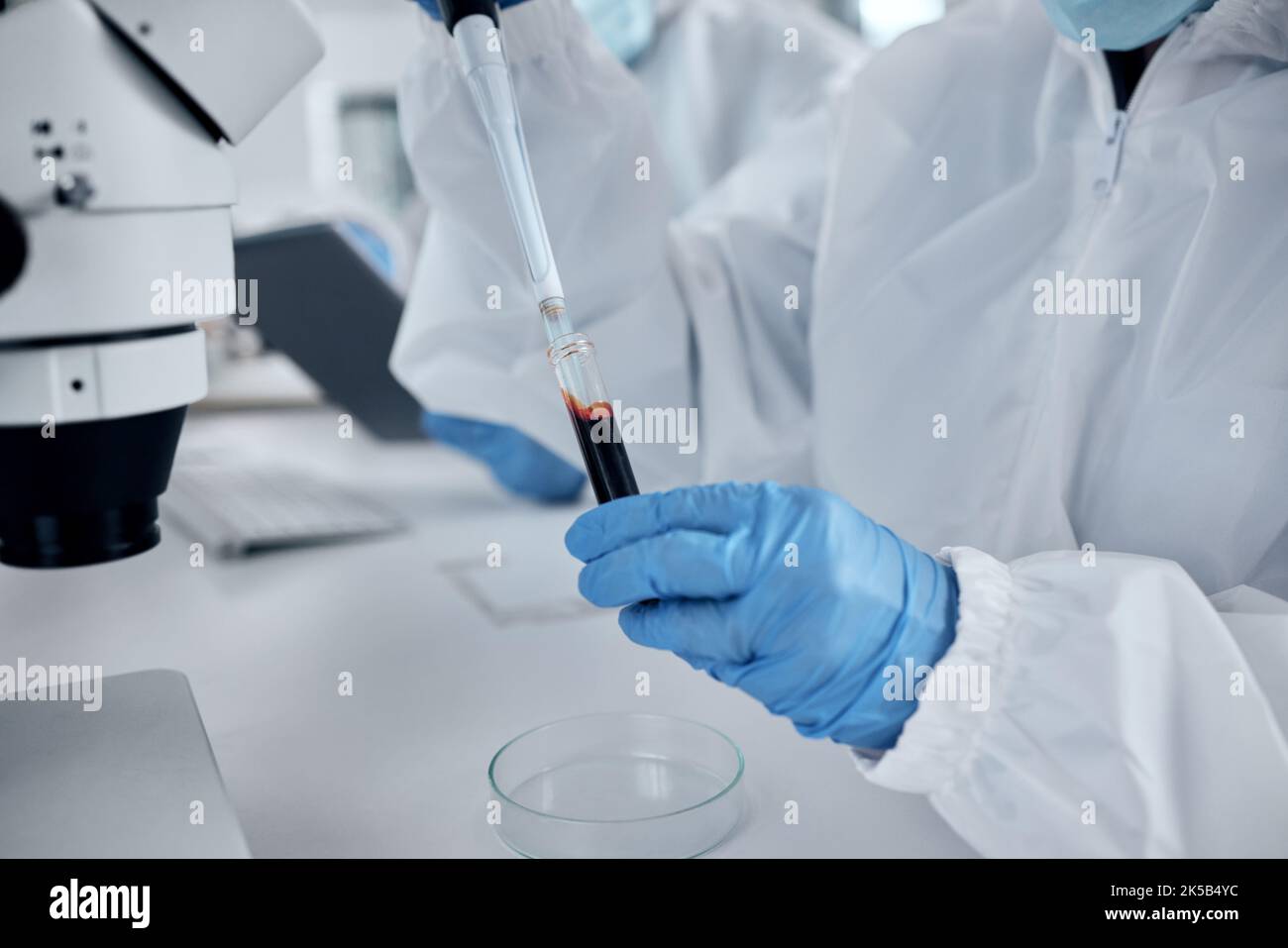 Hands, scientist and blood pipette test tube for research, sample ...