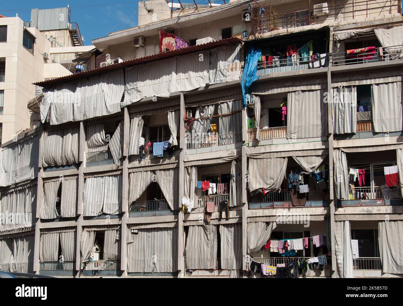 Appartment Block, Beirut, Lebanon, Middle East. Curtains to reduce the ...