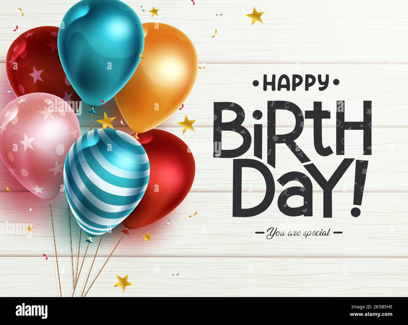Birthday greeting vector design. Happy birthday text with balloon bunch ...