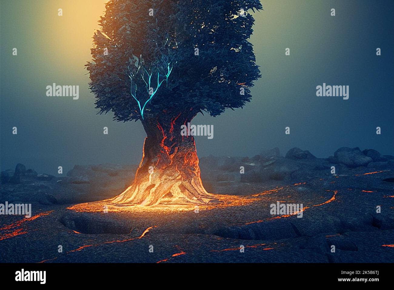 A burning tree in the forest at night Stock Photo - Alamy