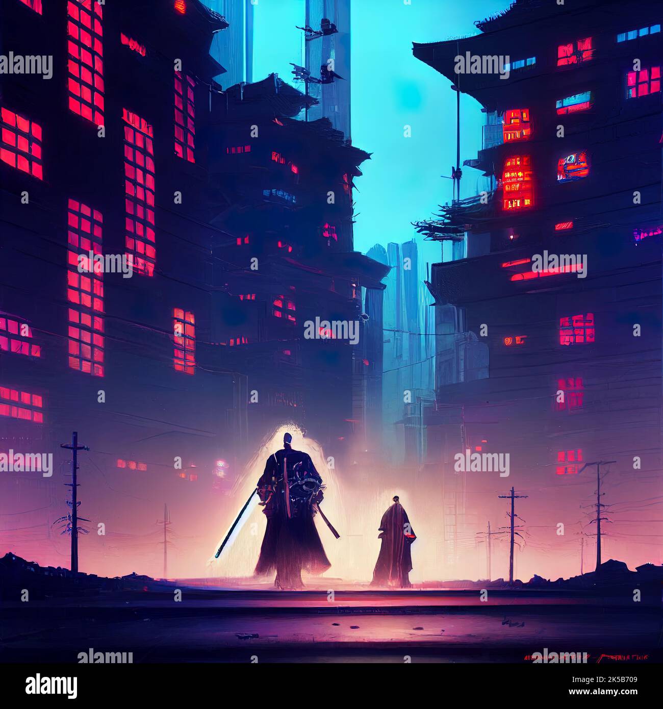 The samurais walking towards Japanese buildings Stock Photo - Alamy