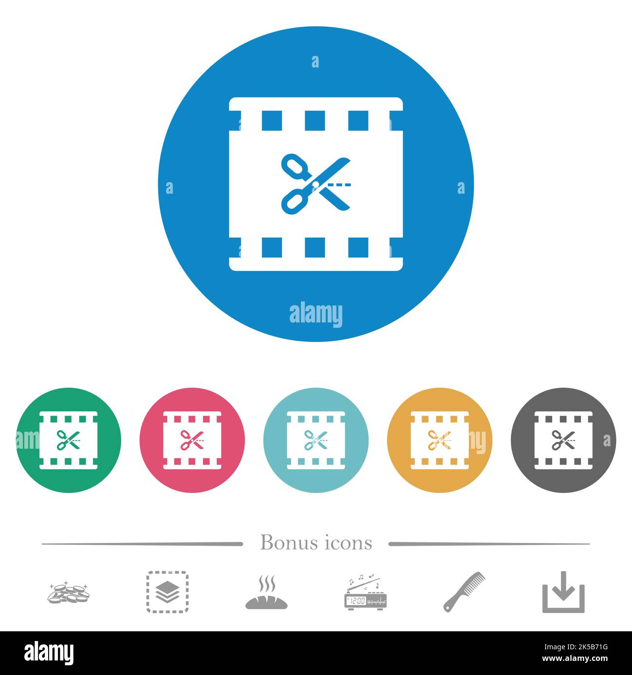 Crop movie flat white icons on round color backgrounds. 6 bonus icons ...