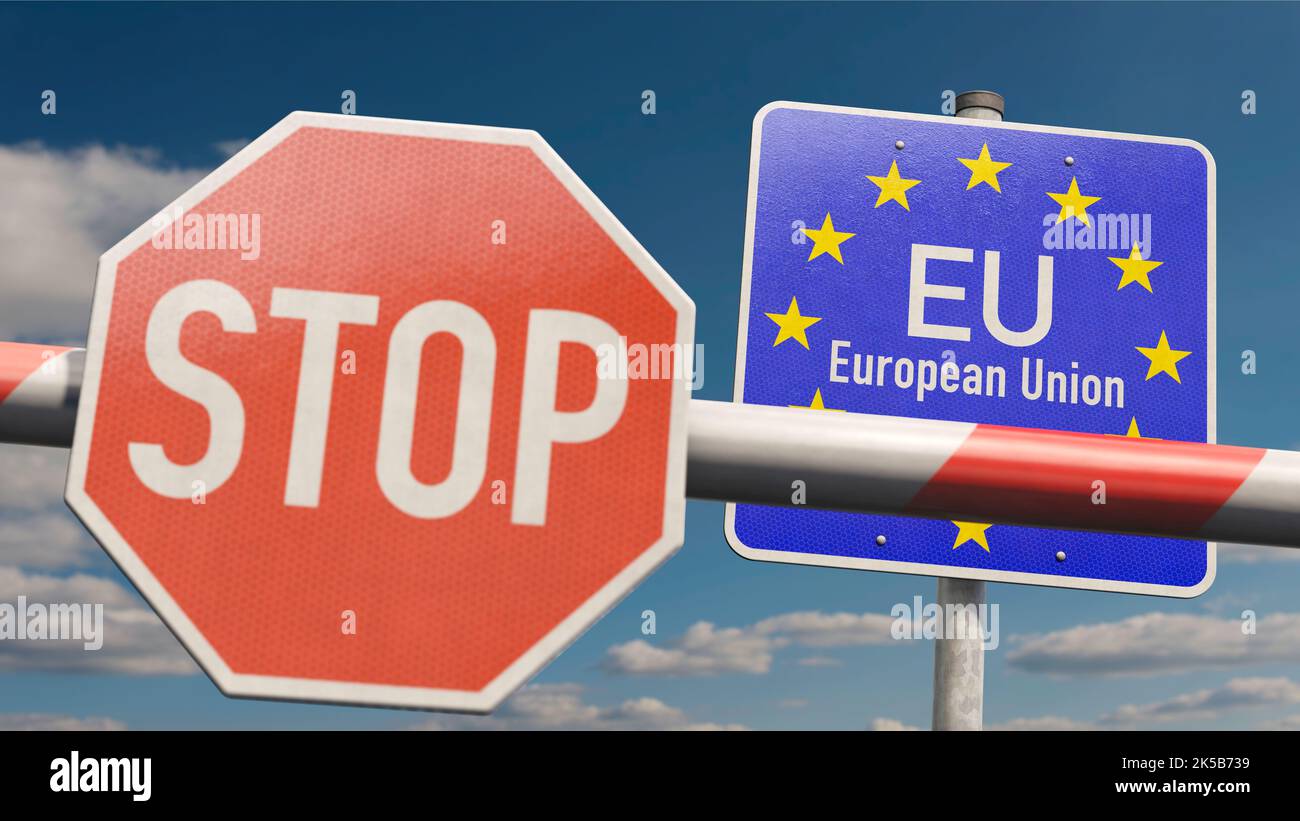 Barrier with STOP sign and info sign "EU European Union Stock Photo - Alamy