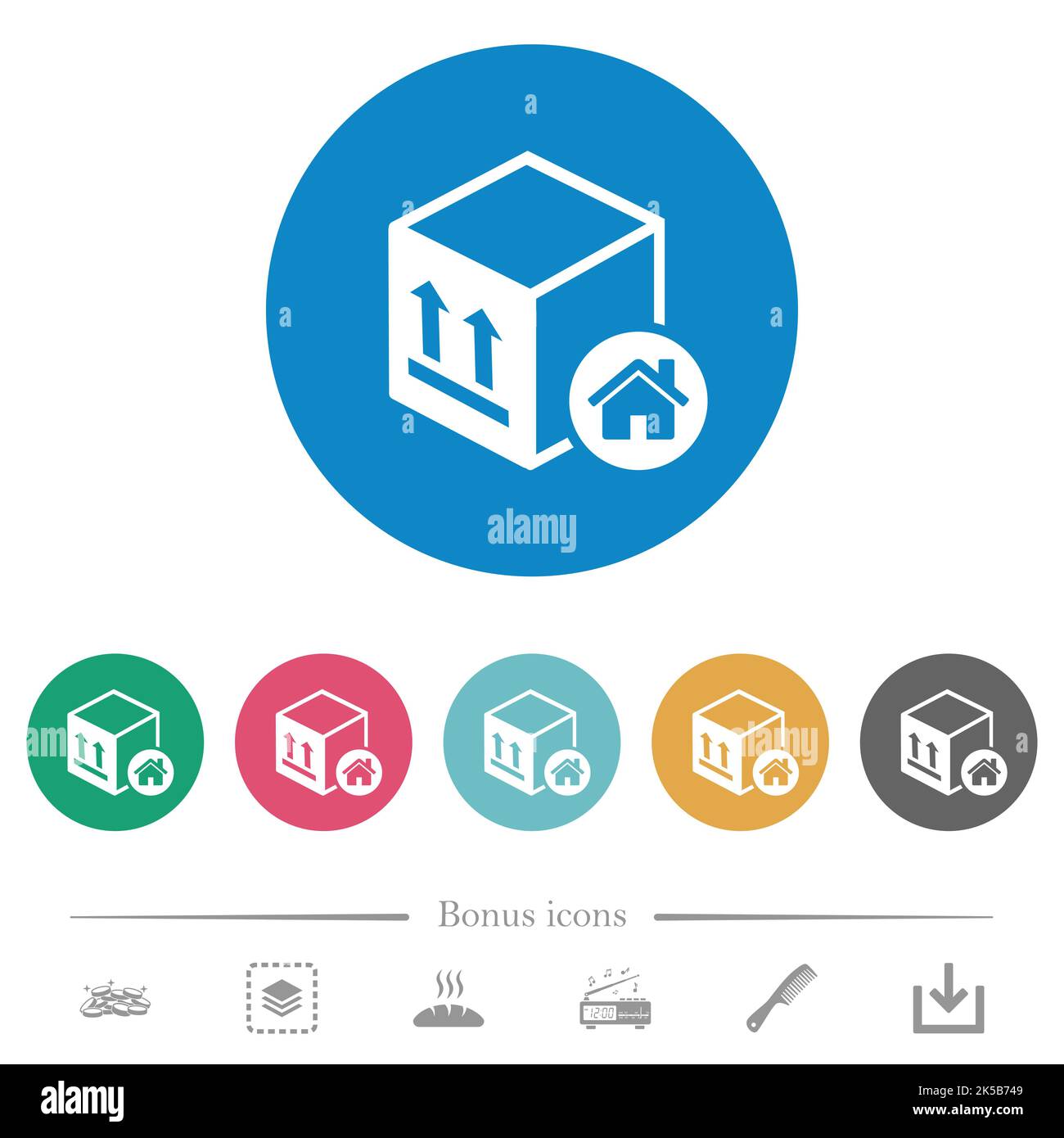 Package warehouse flat white icons on round color backgrounds. 6 bonus ...