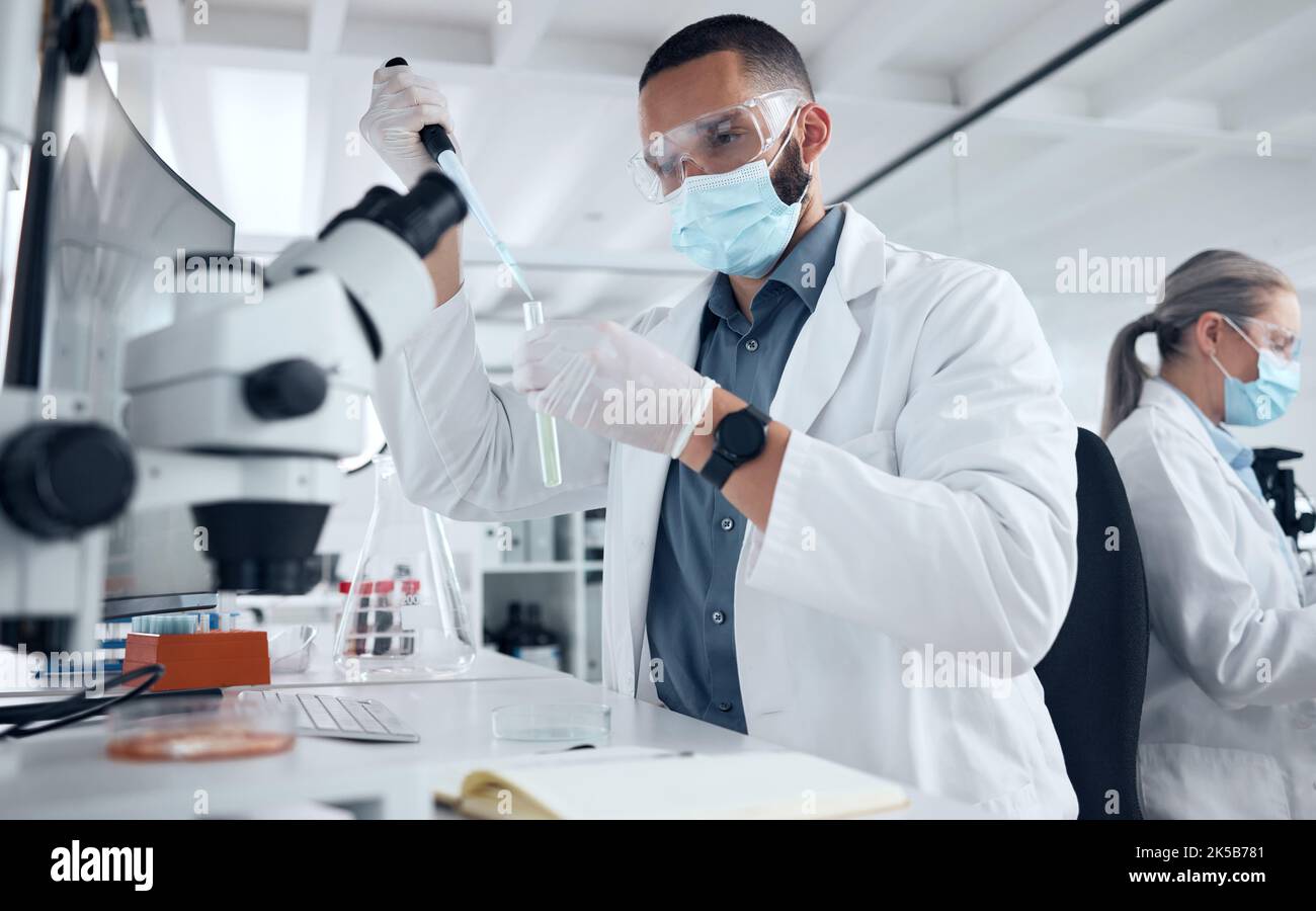 Covid, lab mask and vaccine research man with medicine analysis test ...