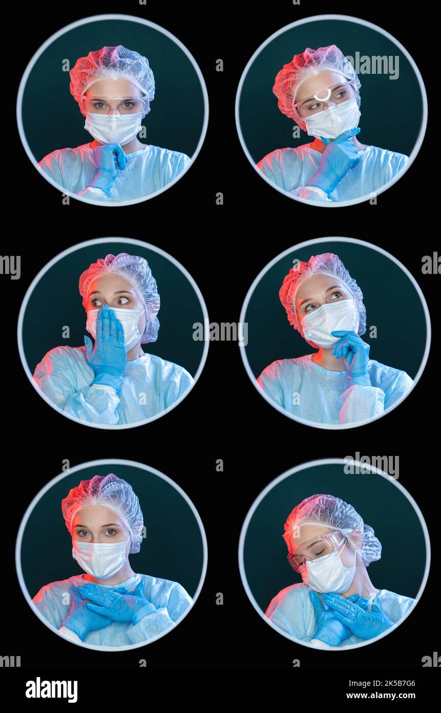 Surgeon portrait collage. Doctor lifestyle. Pensive flattered shy ...
