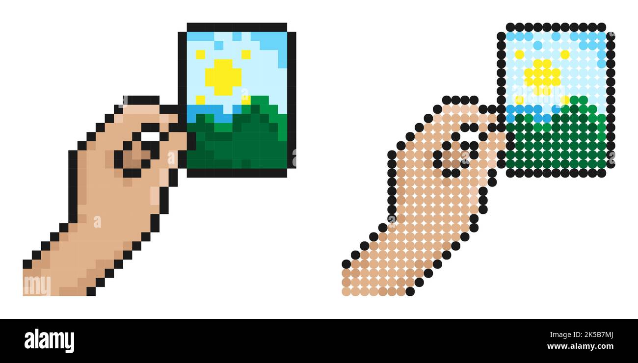 Pixel icon. Hand holds paper photograph. Memories of vacation or trip ...