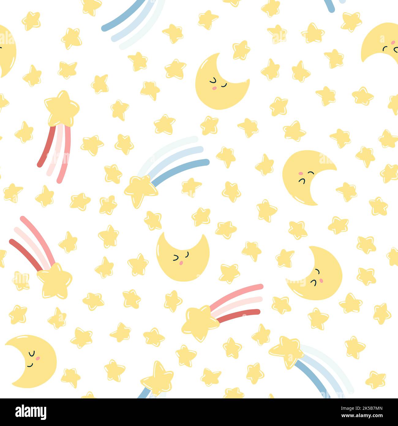 Seamless pattern with cute kawaii moon and falling stars. Vector hand ...