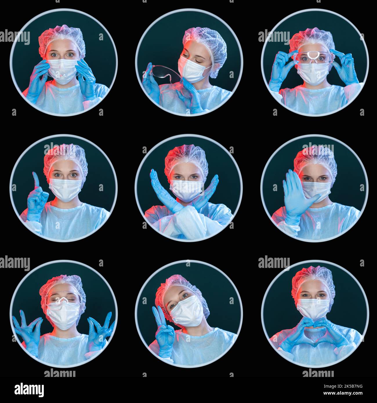 Doctor portrait collage. Quarantine hygiene. Healthcare warning. Female ...