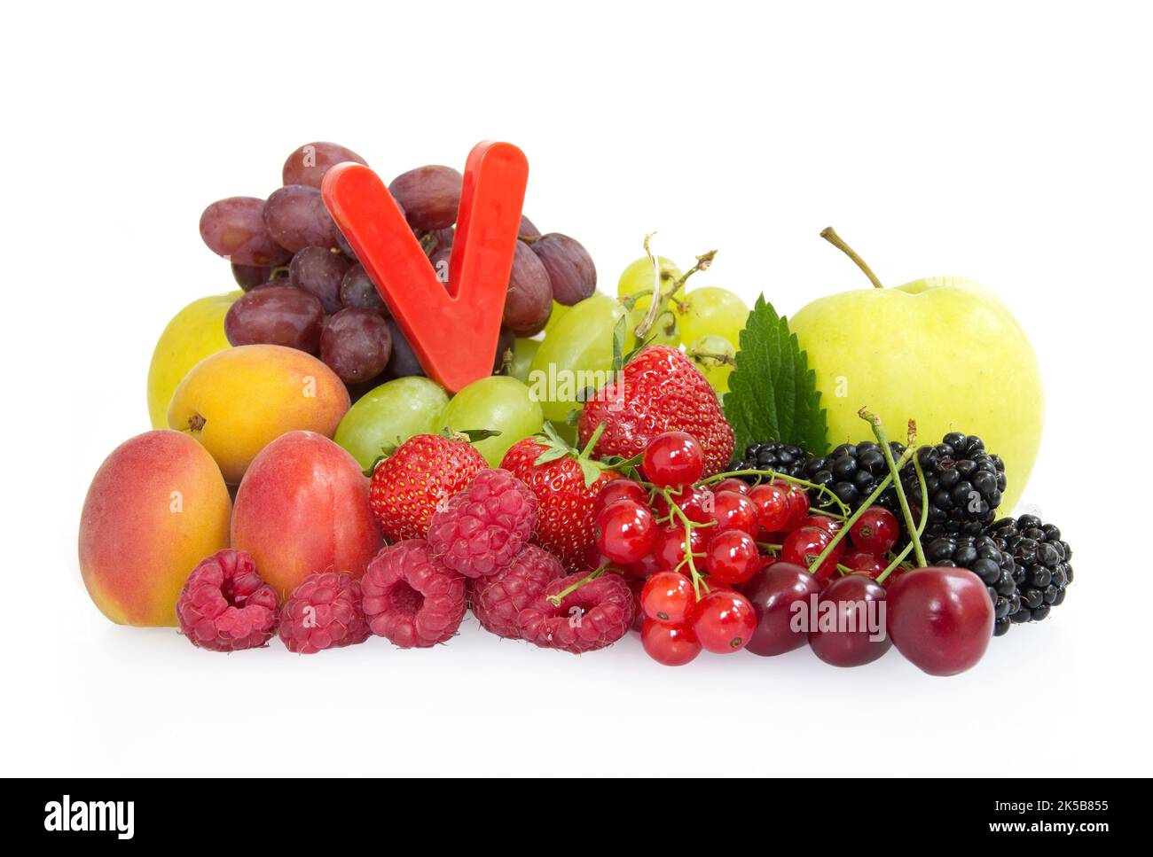 Multi Fruits with a letter "V" for multi vitamins, on white background ...