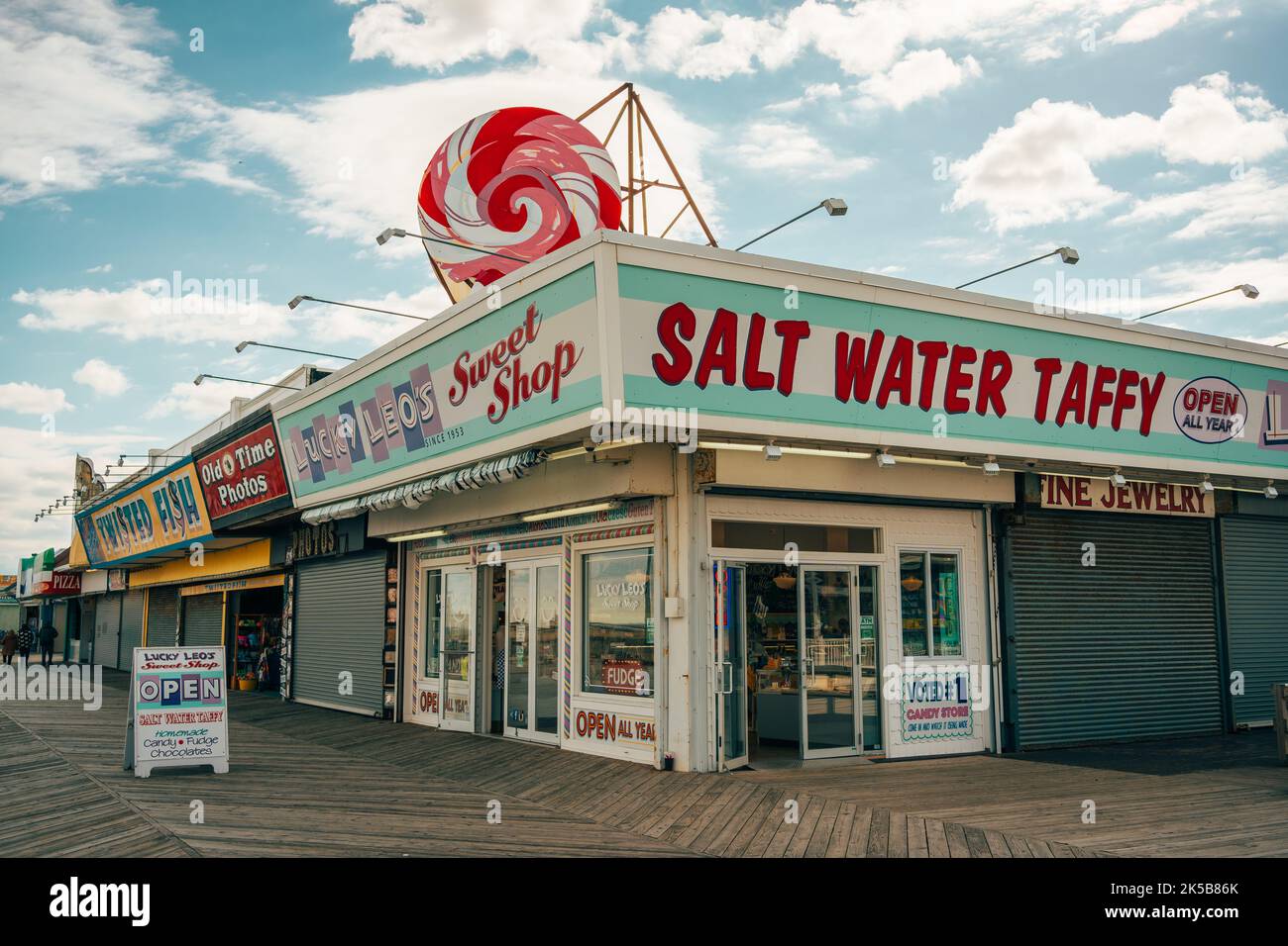 Lucky Leos Salt Water Taffy sign, Seaside Heights, New Jersey Stock ...