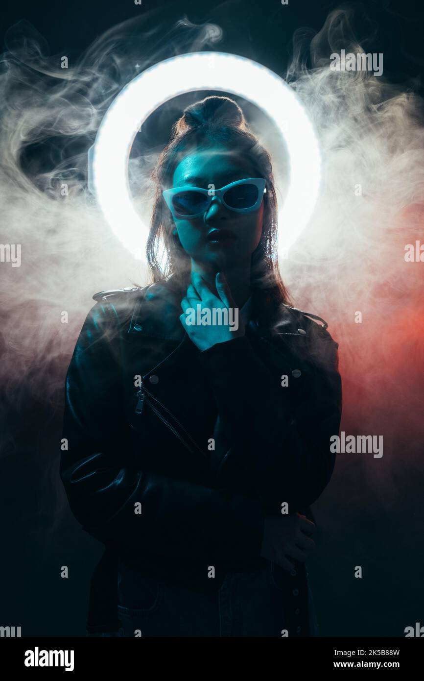 future girl cyberpunk portrait neon girl with halo Stock Photo - Alamy