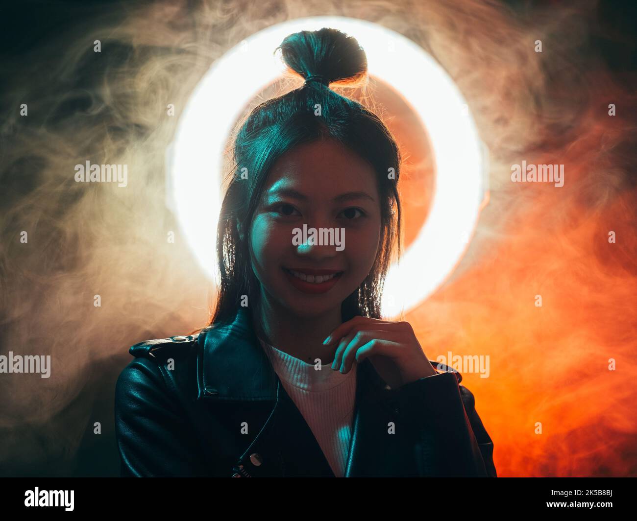 cyberpunk portrait future people neon girl smoke Stock Photo - Alamy