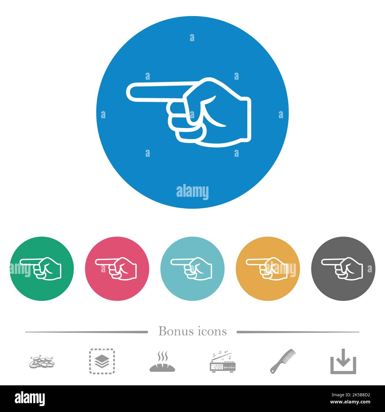 Left pointing hand outline flat white icons on round color backgrounds ...