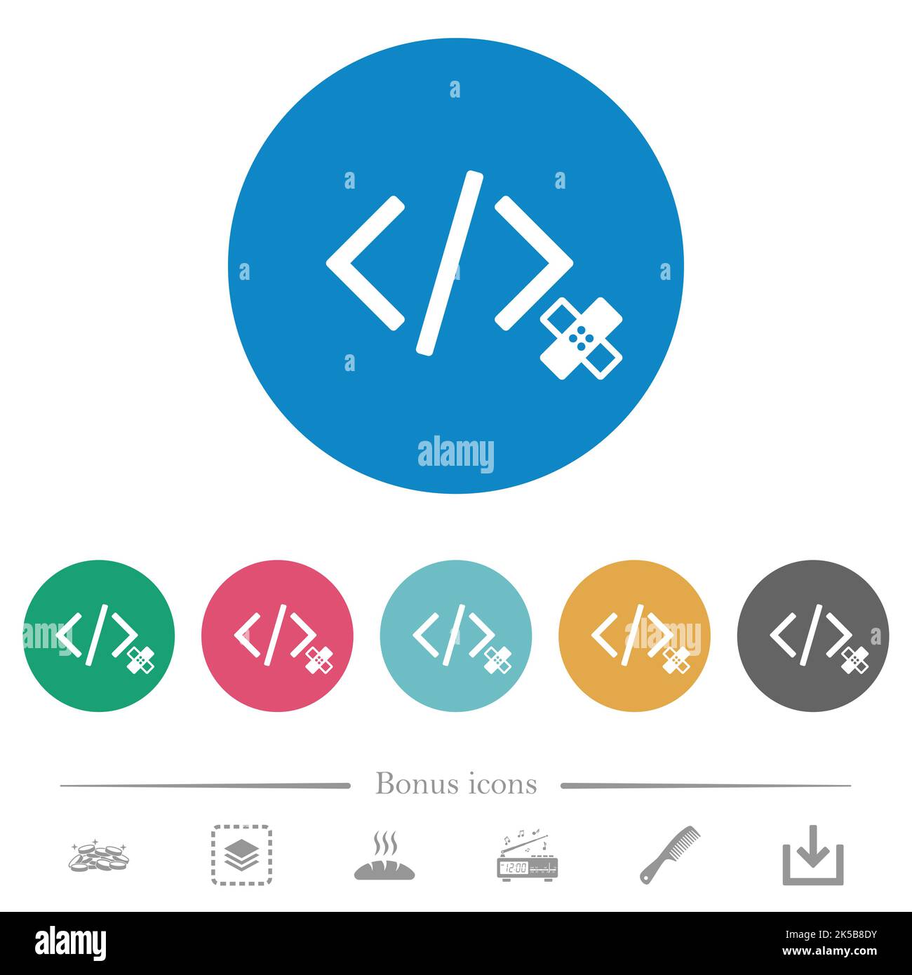 Software patch flat white icons on round color backgrounds. 6 bonus ...
