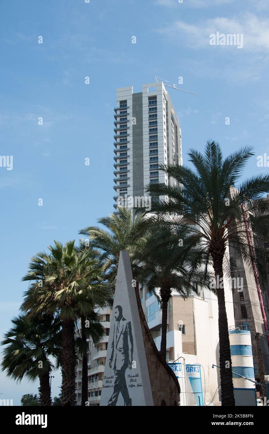 Monument to Nasser (ex-President of Egypt) and tower block, Beirut ...
