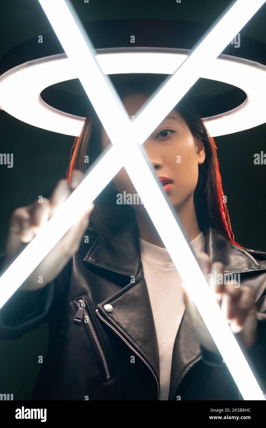 cyberpunk people night art portrait girl with halo Stock Photo - Alamy