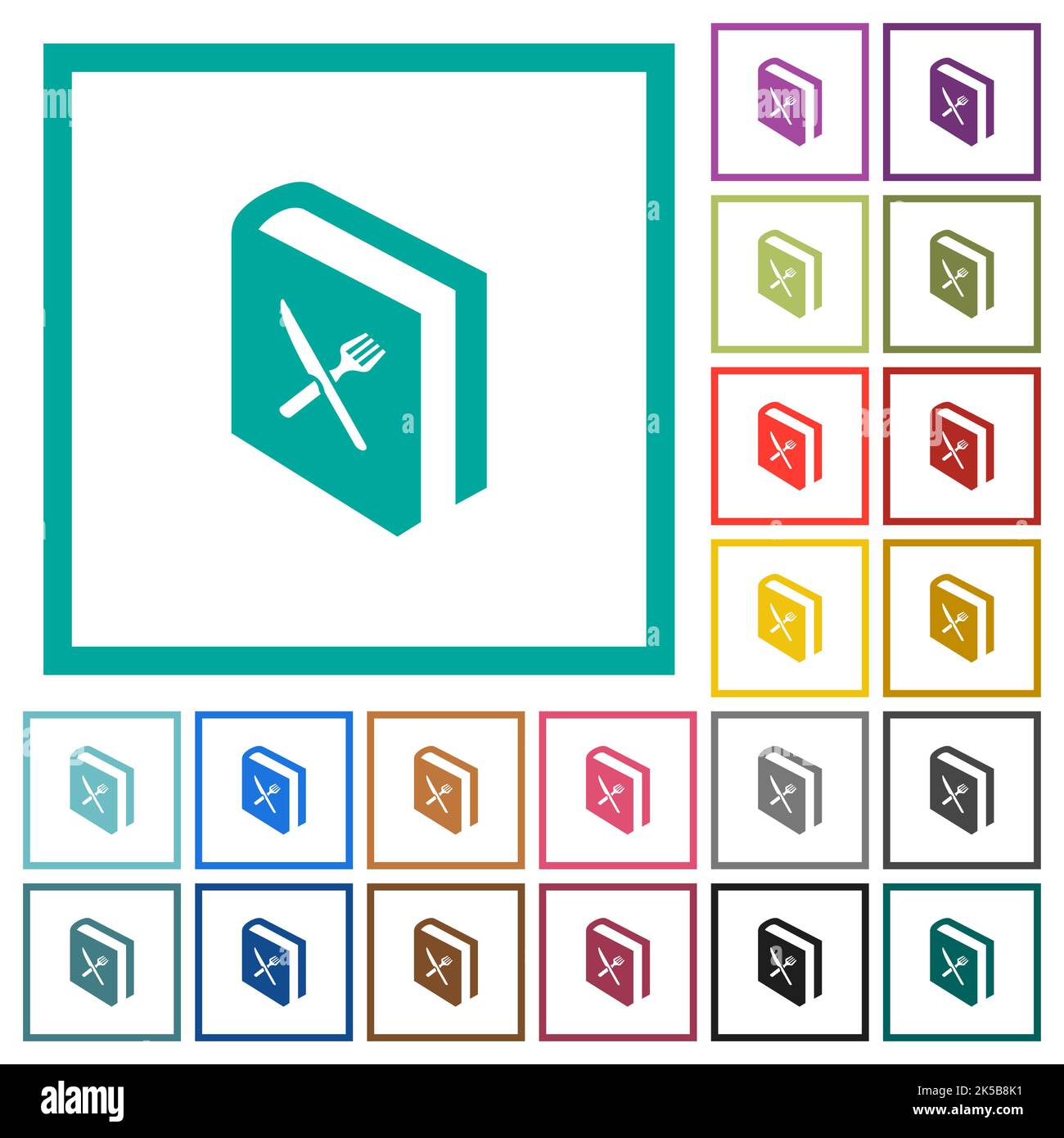 Cookbook with knife and fork flat color icons with quadrant frames on white background Stock ...