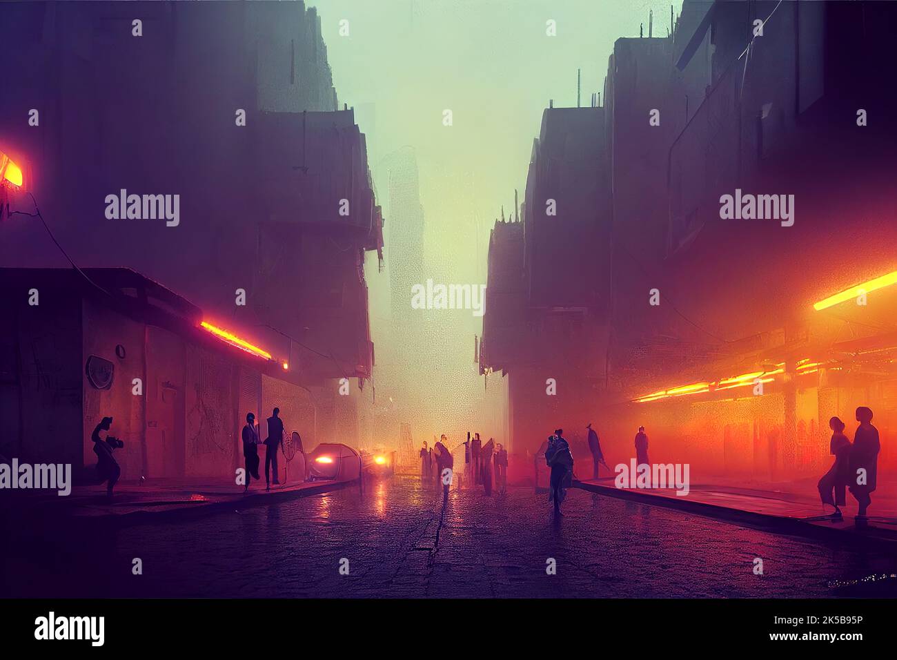 A dramatic illustration of a rainy futuristic city Stock Photo - Alamy
