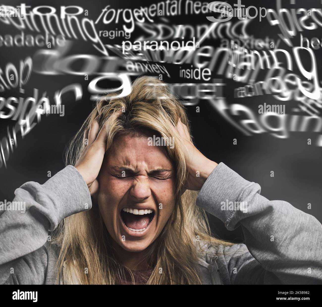 Anxiety, schizophrenia and woman with mental health, stress and ...