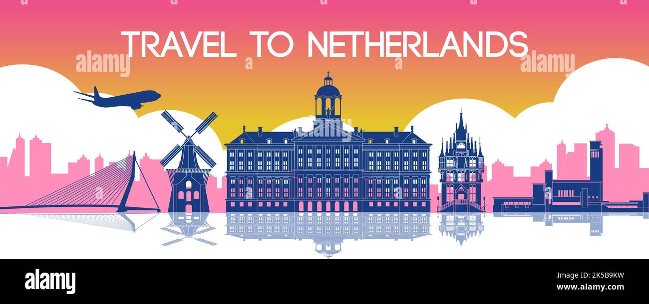 Netherlands famous landmarks by silhouette style,vector illustration ...