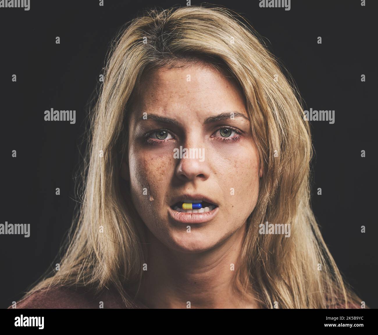 Depression, sad and pills with woman crying from suffering with mental ...