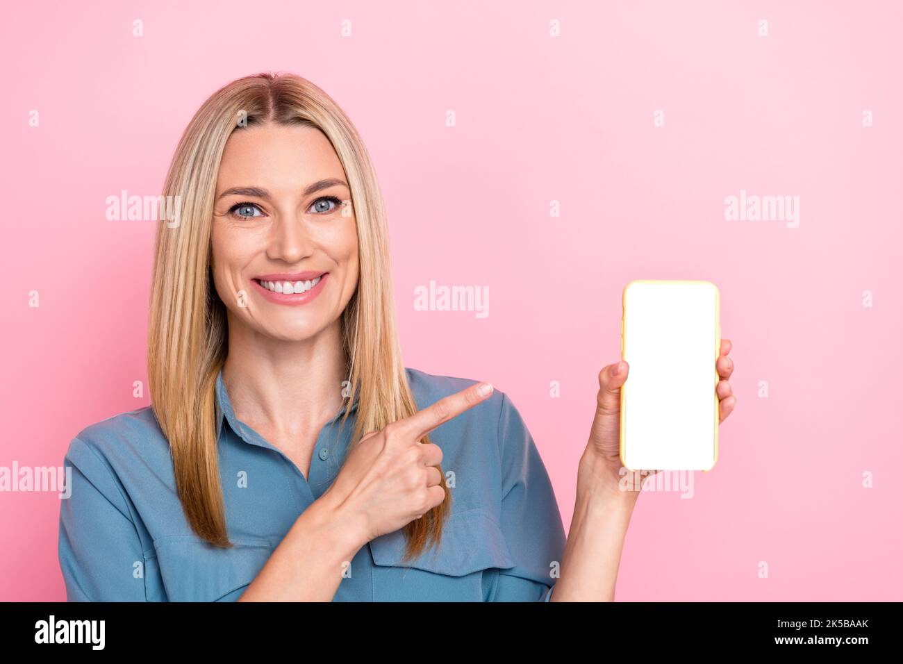 Photo of charming attractive adorable woman blond hair indicating at ...