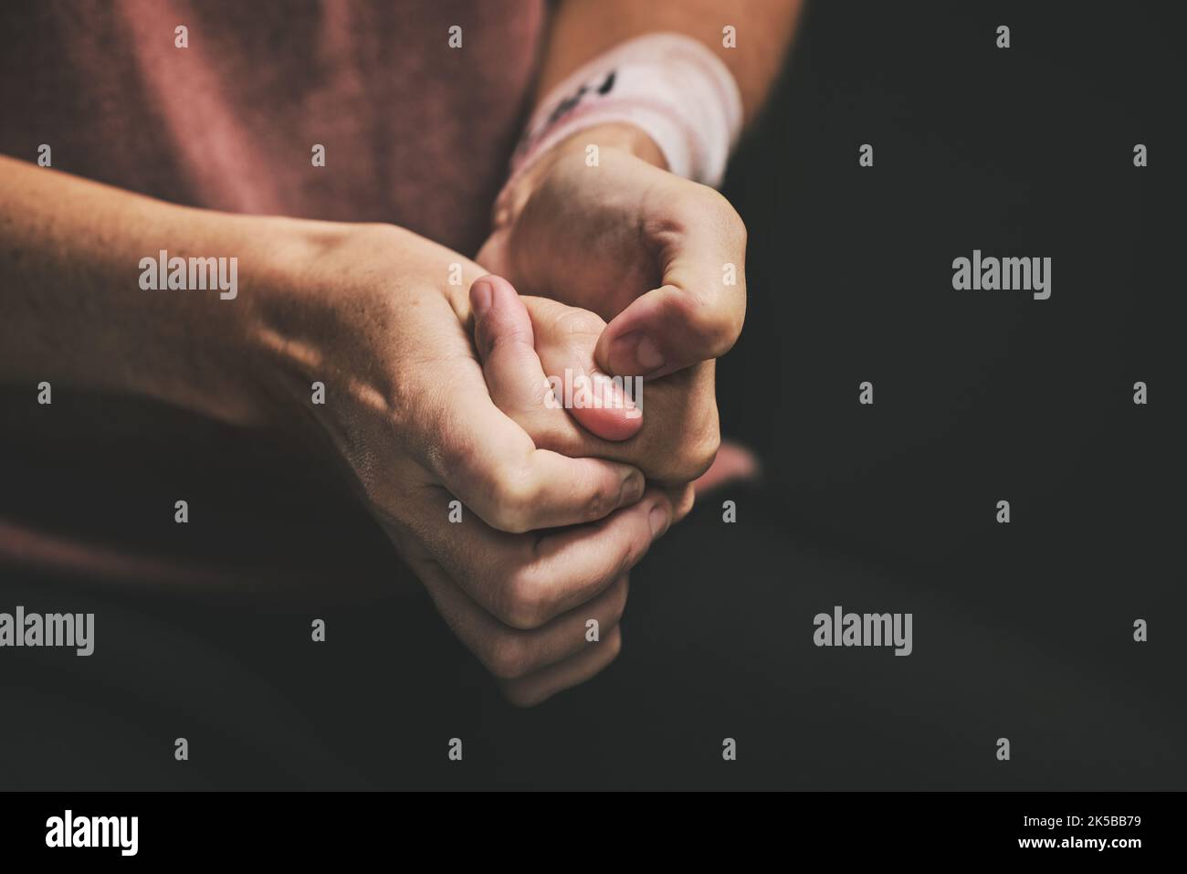 Woman with anxiety, hands scratch skin and stressed self harm picking ...