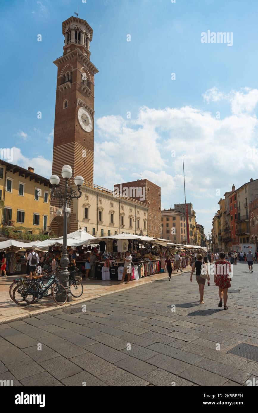 Verona Piazza delle Erbe, view in summer of the Piazza delle Erbe and ...