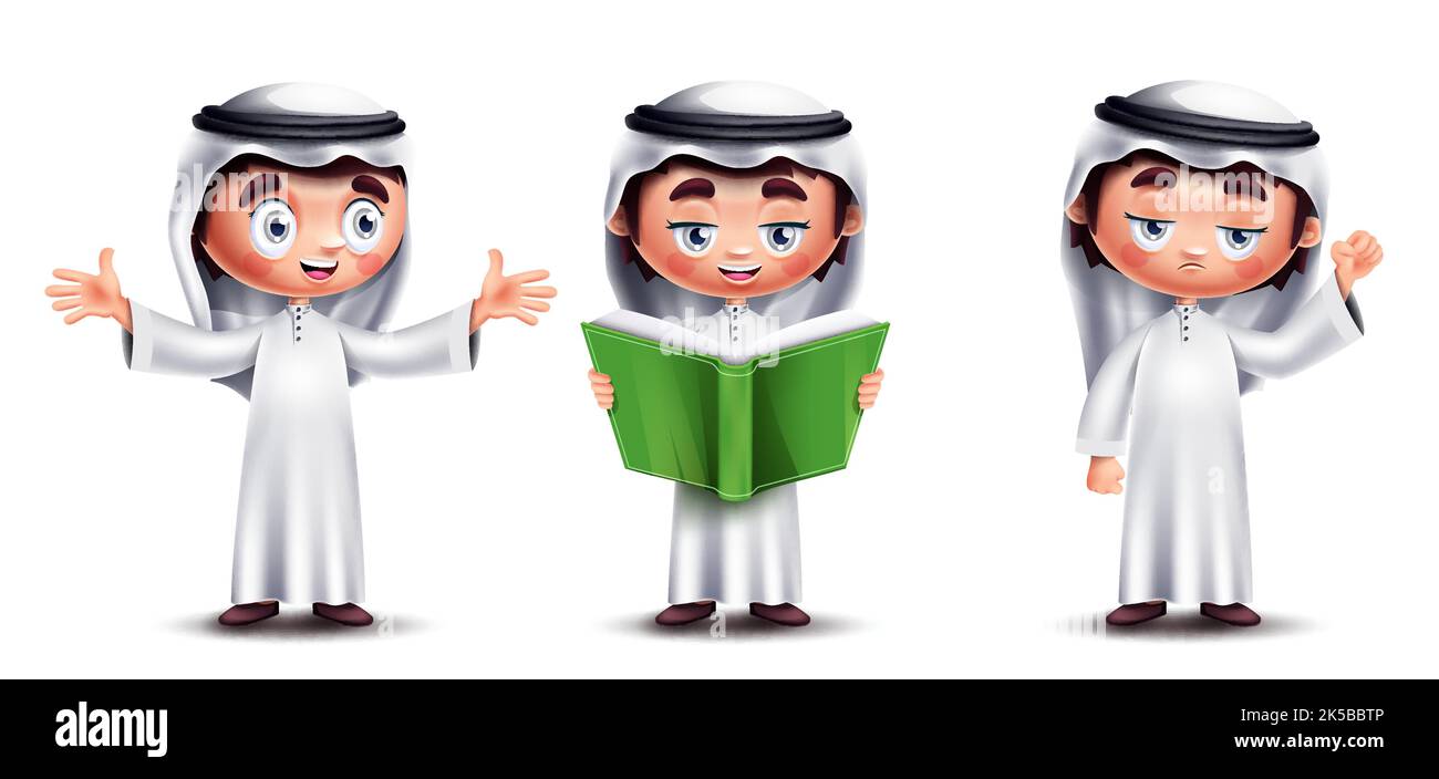Saudi kids character vector set design. Arab kid characters in happy ...